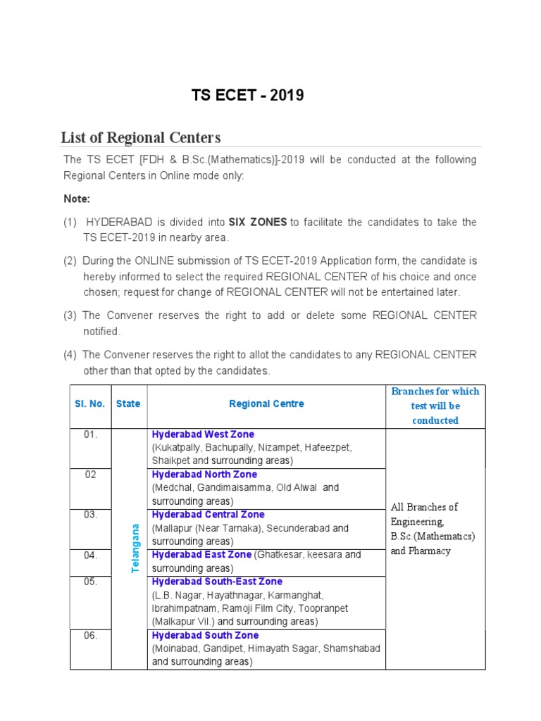 List of Regional Centers: TS ECET - 2019 | PDF