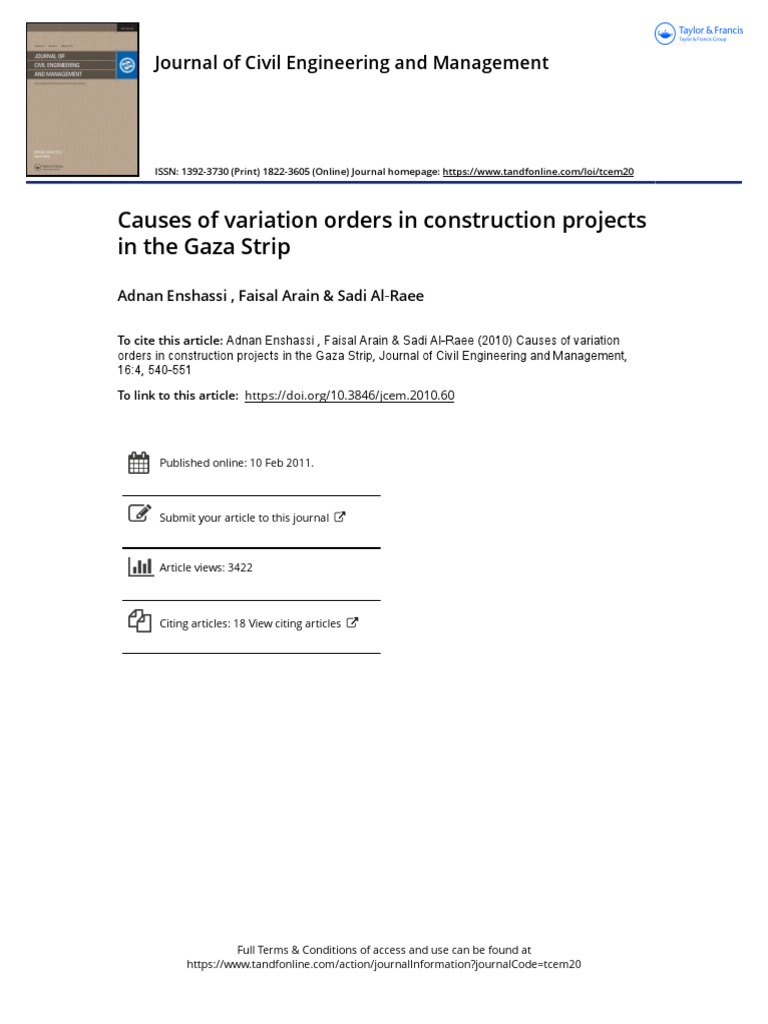 Causes of Variation Orders in Construction Projects in The Gaza Strip ...