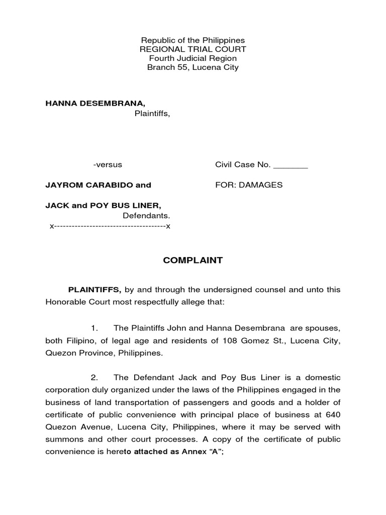 Quasi Delict Complaint | PDF | Negligence | Damages