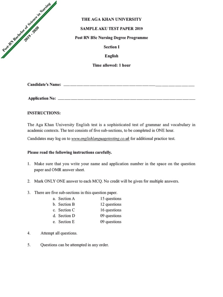 The Aga Khan University Sample Aku Test Paper 2019 Post RN BSC Nursing ...