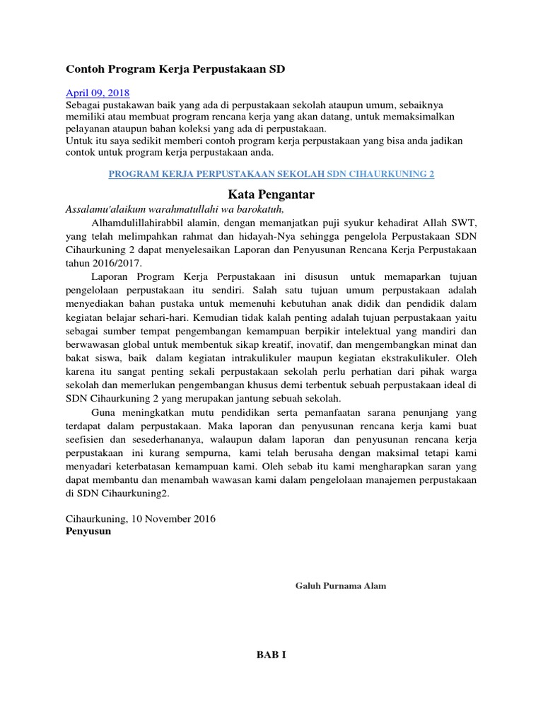Contoh Program Kerja Perpustakaan SD | PDF