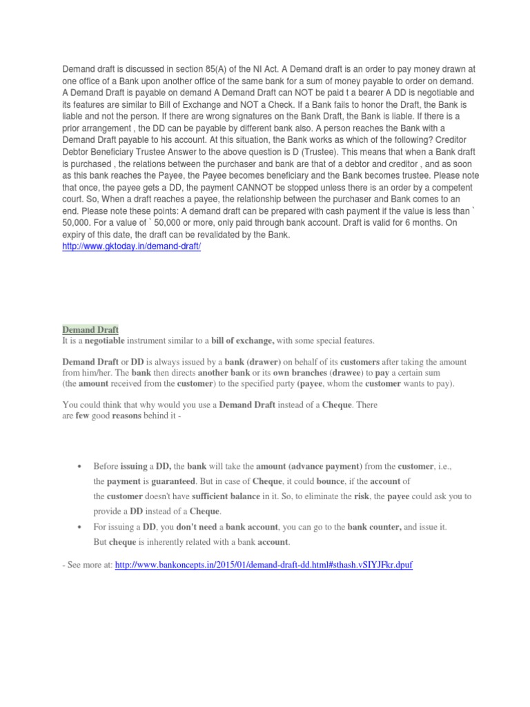 Demand Draft | PDF | Negotiable Instrument | Cheque