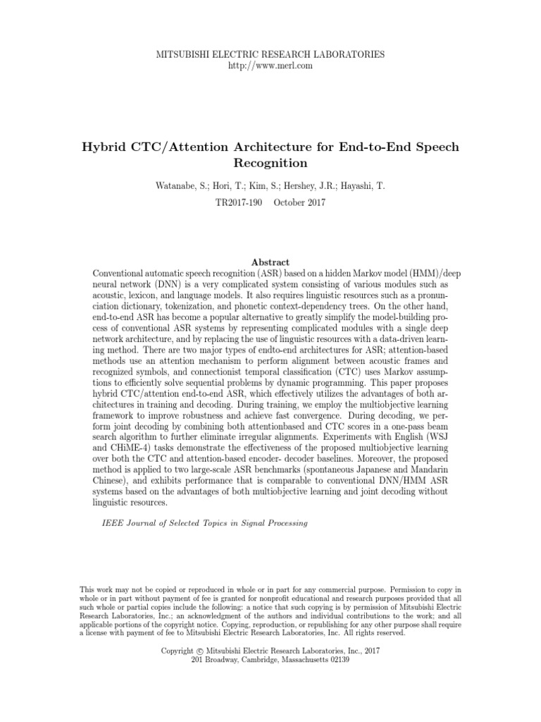 Hybrid CTC/Attention Architecture For End-to-End Speech Recognition | PDF | Speech Recognition ...