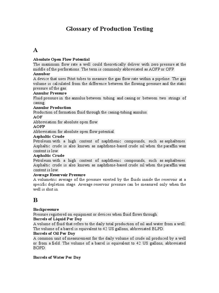 Glossary of Production Testing: Absolute Open Flow Potential | PDF ...