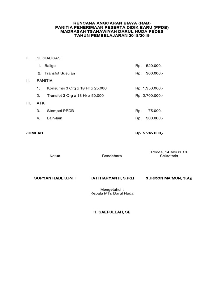 Rencana Anggaran Biaya PPDB | PDF