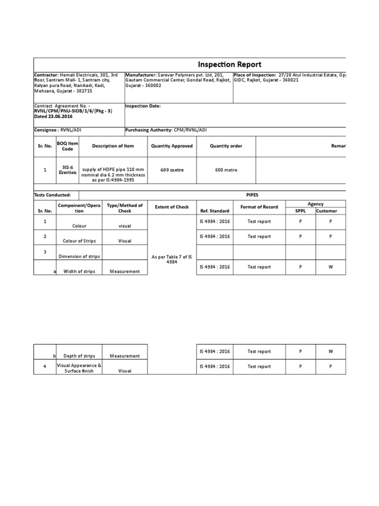 HDPE Inspection Report | PDF | Building Engineering | Engineering