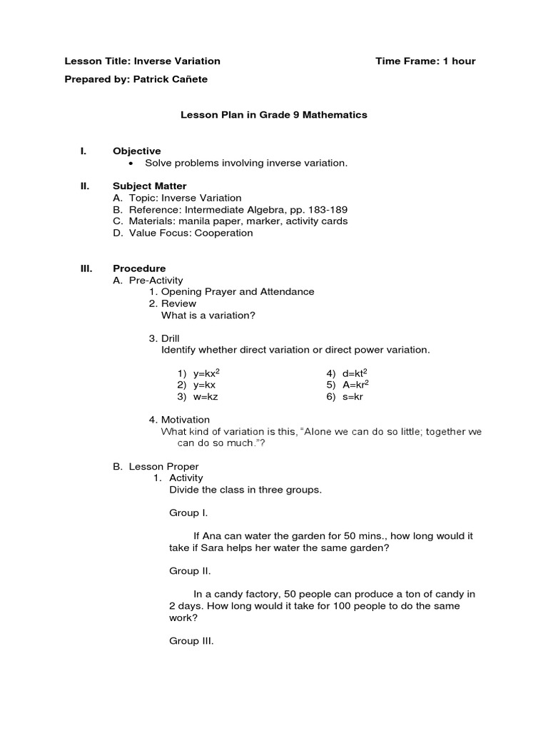 Lesson Plan Grade 9 Mathematics | PDF | Lesson Plan | Teaching Mathematics