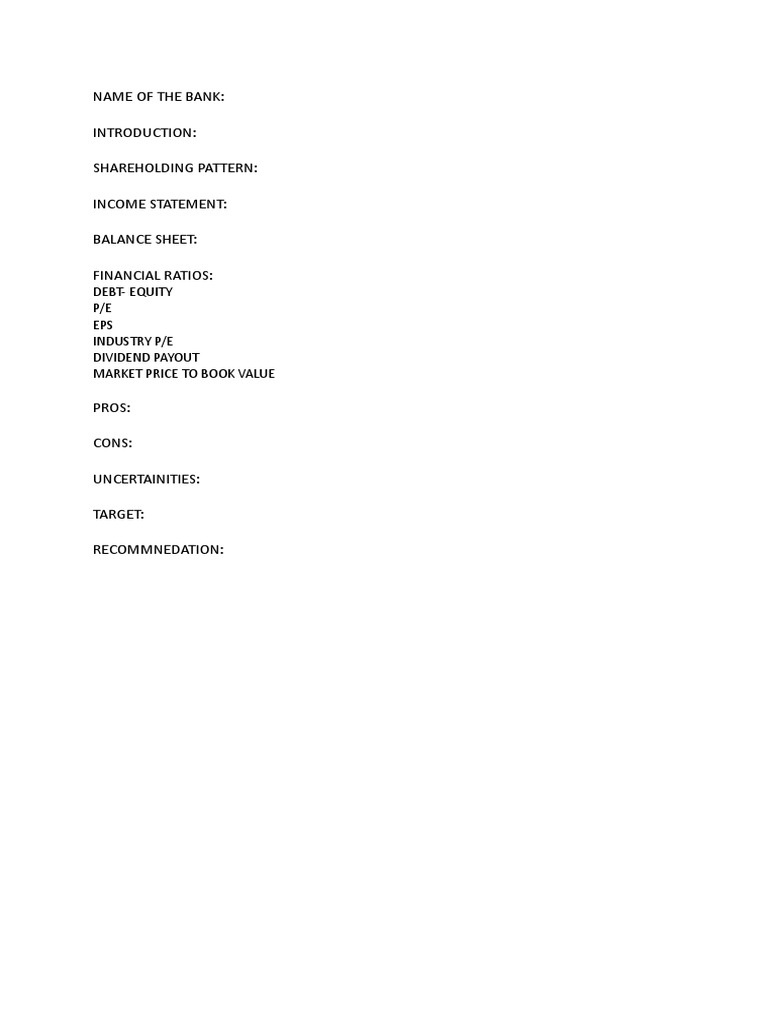 Name of The Bank: Shareholding Pattern: Income Statement: Balance Sheet ...