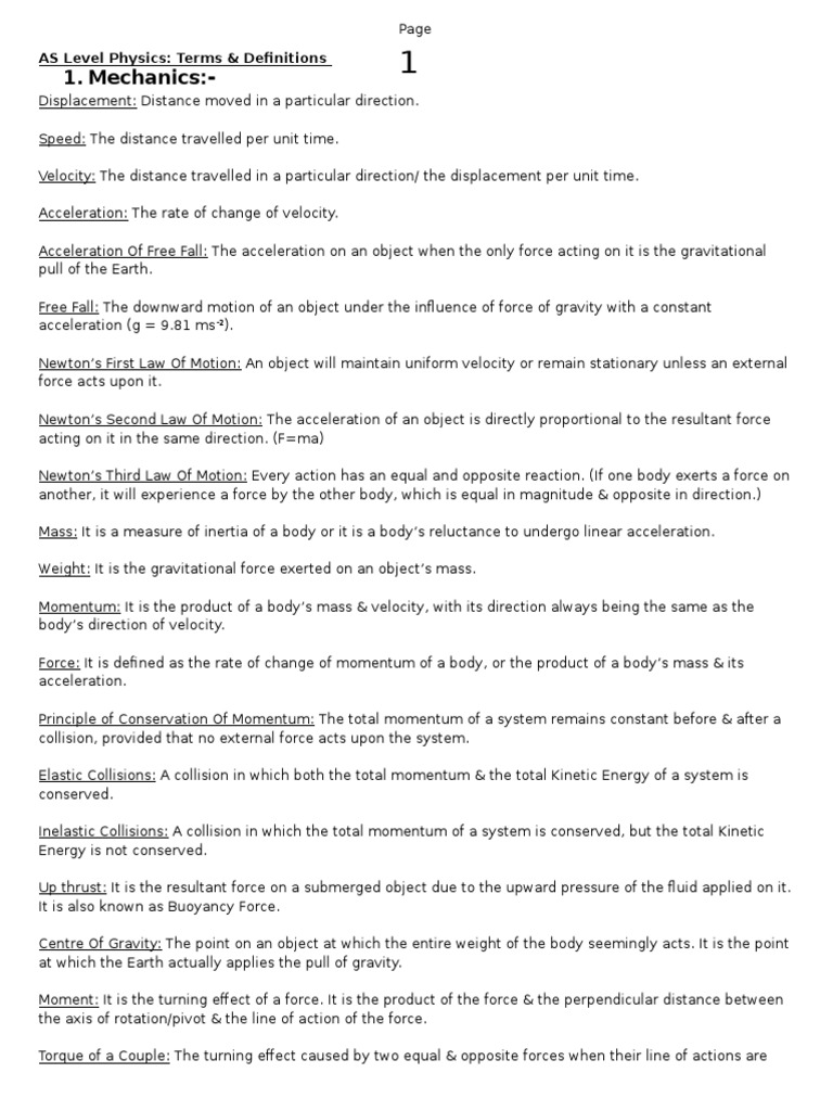 AS Level Physics: Key Terms and Definitions Related to Mechanics, Matter, and Waves | PDF ...