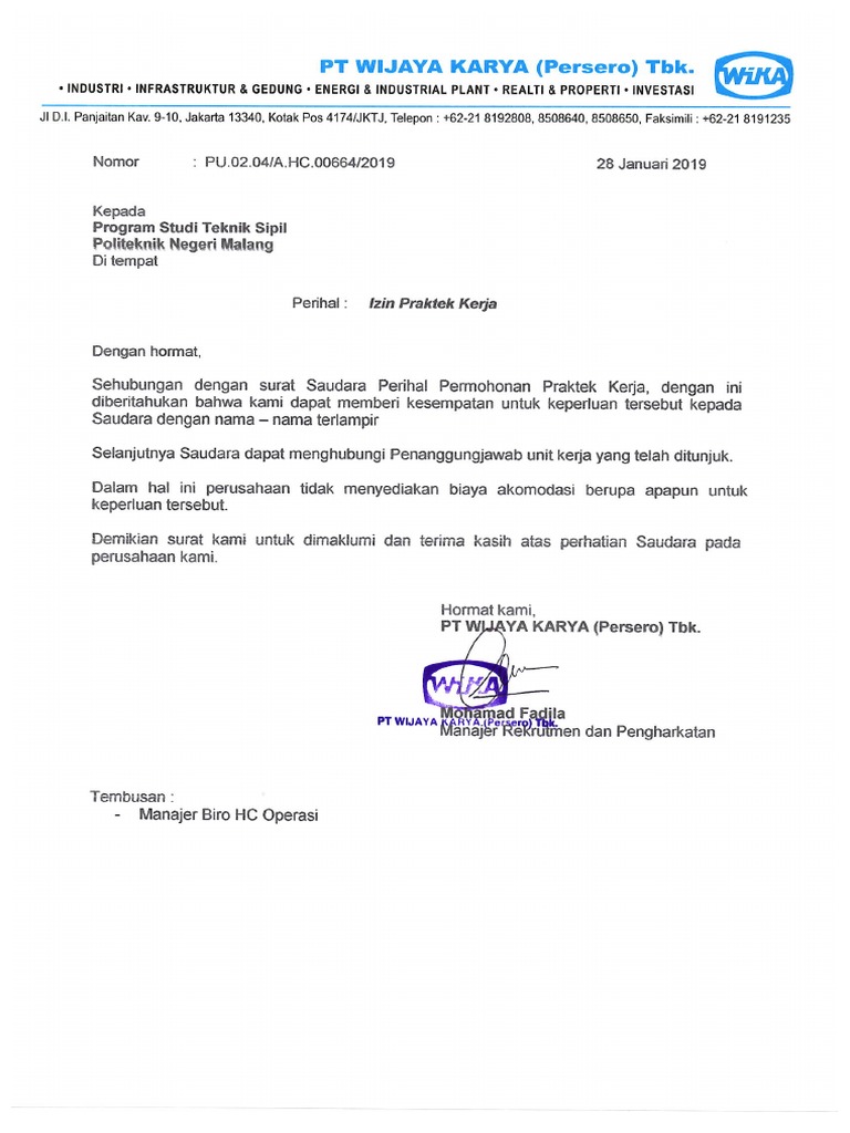 Surat Izin Praktek Kerja POLINEMA | PDF