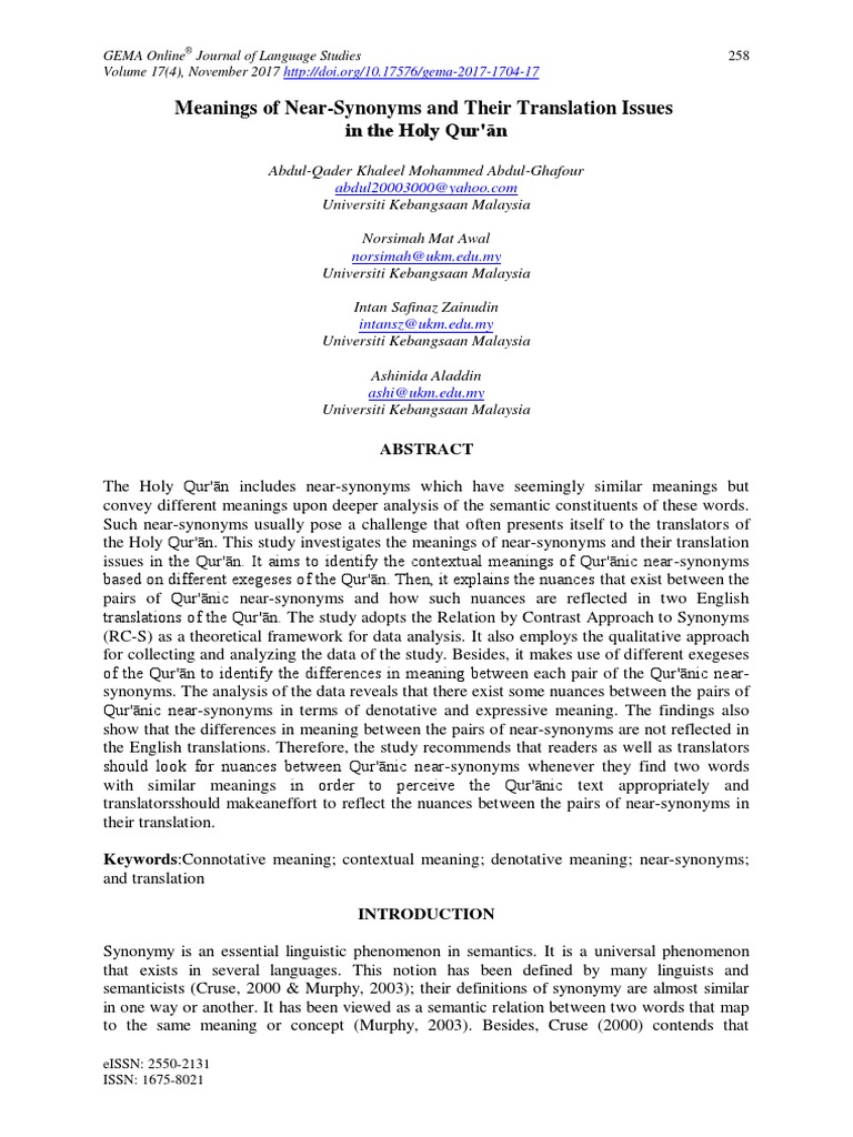 Meanings of Near-Synonyms and Their Translation Issues in The Holy Qur ...