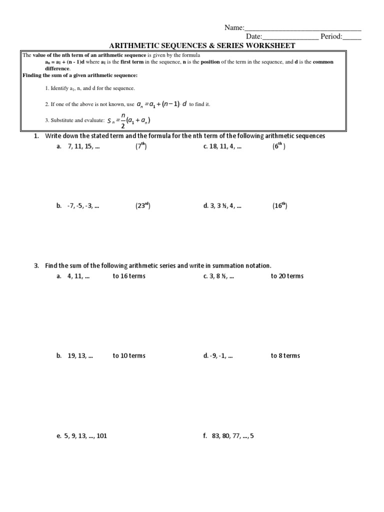 Arithmetic Sequences & Series Worksheet: A A N D N A A S | PDF ...