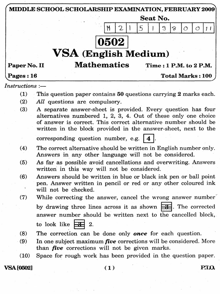 4th Standard Scholarship Examination Paper PDF | PDF | Fraction ...