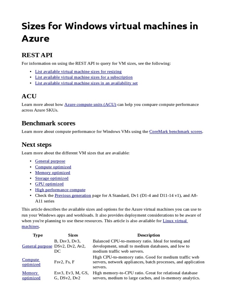 Sizes For Windows Virtual Machines in Azure | PDF | Virtual Machine ...