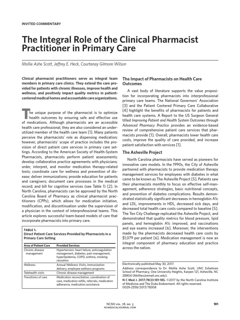 The Integral Role of The Clinical Pharmacist Practitioner in Primary ...
