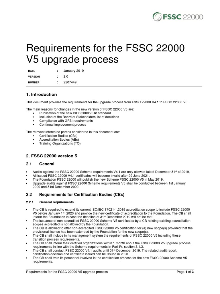 Requirements for the FSSC 22000 V5 upgrade process | Audit | Evaluation
