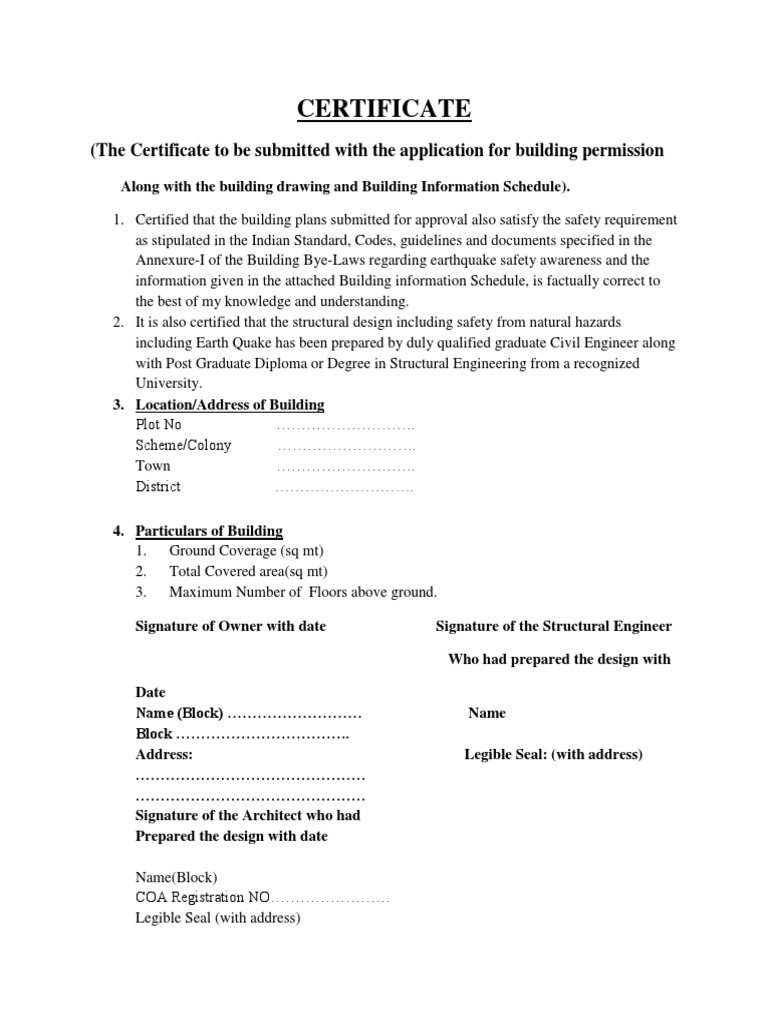Certificate: (The Certificate To Be Submitted With The Application For ...