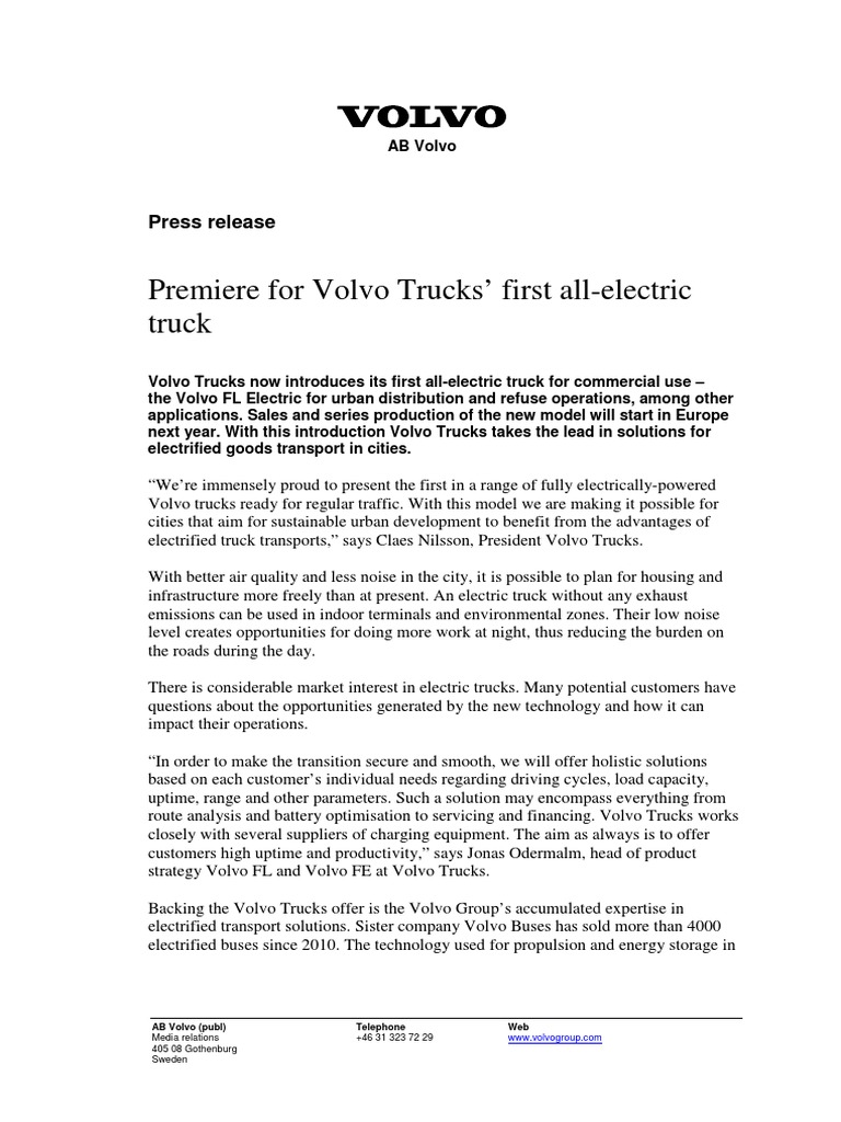 Premiere For Volvo Trucks' First All-Electric Truck: Press Release ...