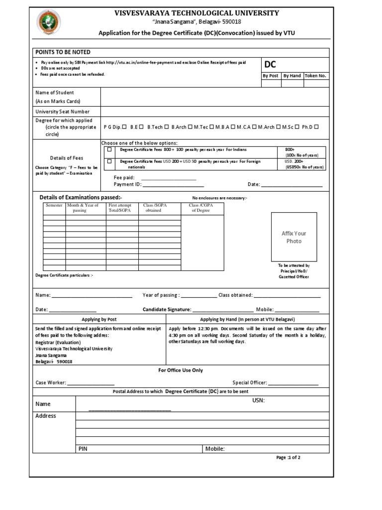 Application For The Degree Certificate (DC) (Convocation) Issued by VTU ...