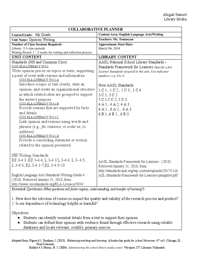 Samsel 4thG Collaborative-Plan | PDF | School Library | Rubric (Academic)