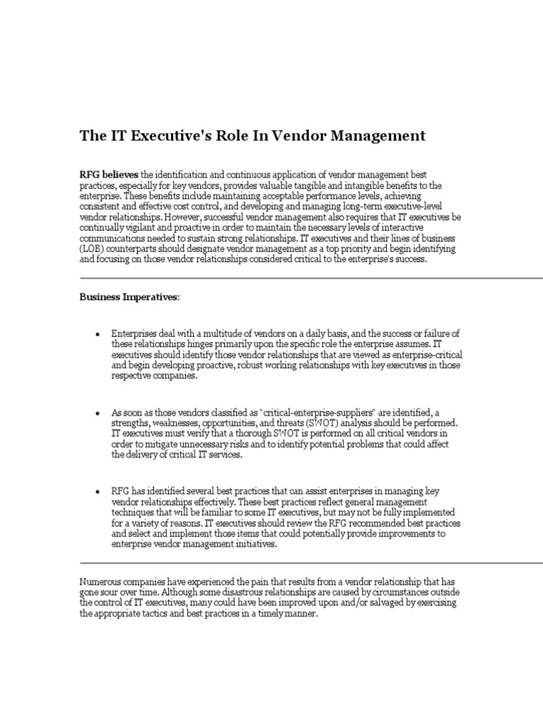 Vendor Management | PDF | Service Level Agreement | Swot Analysis