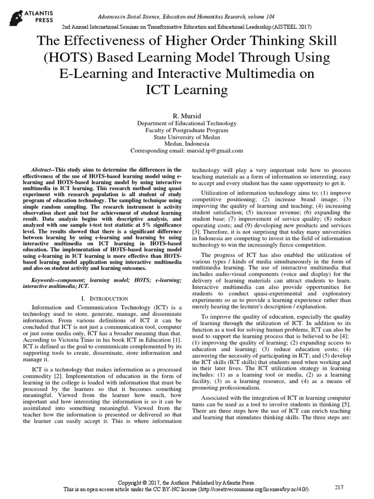 The Effectiveness of Higher Order Thinking Skill (HOTS) Based Learning Model Through Using E ...