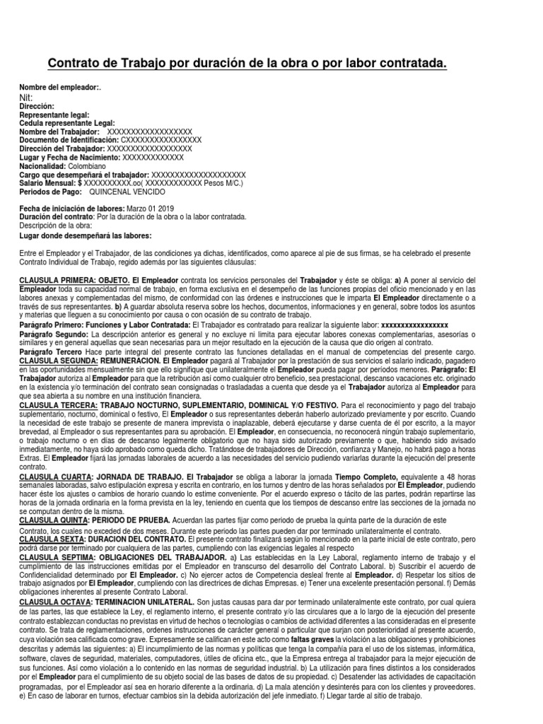 Contrato de Trabajo Por Obra o Labor | PDF | Derecho laboral | Salario