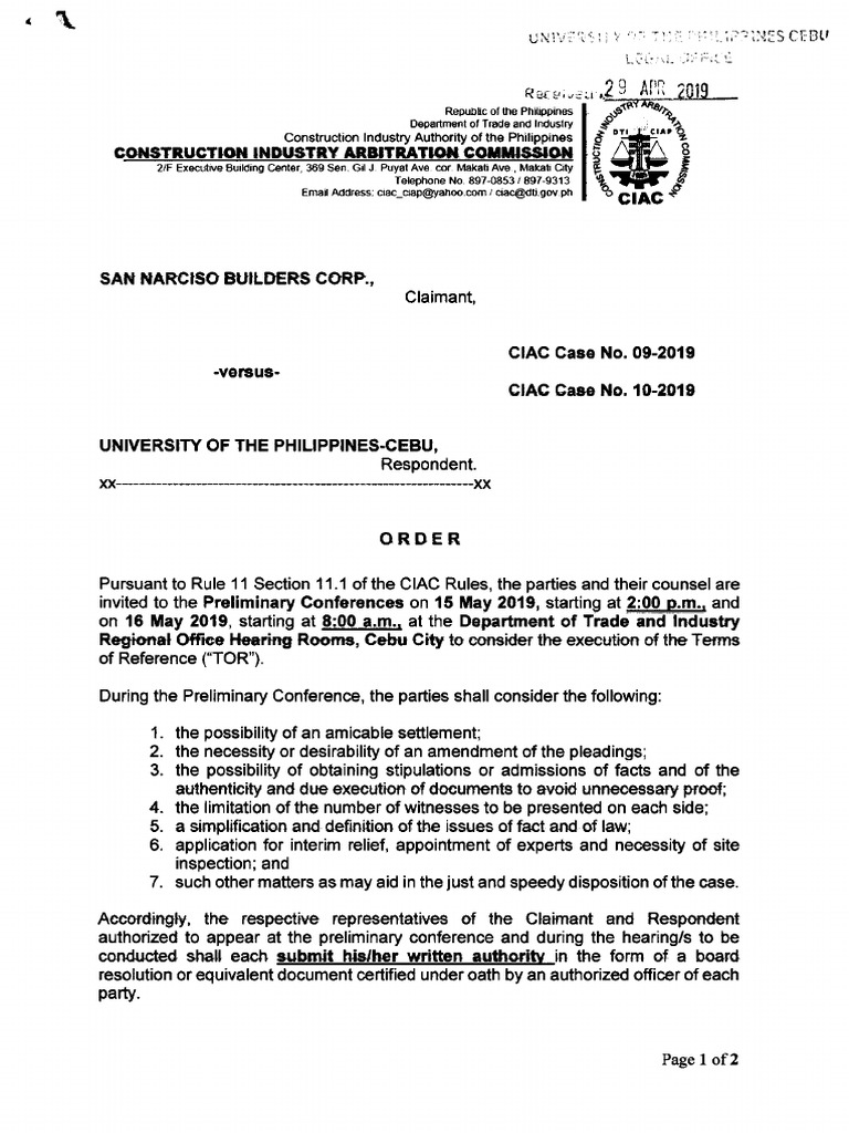 CIAC. Order. Schedule For Preliminary Conference | PDF