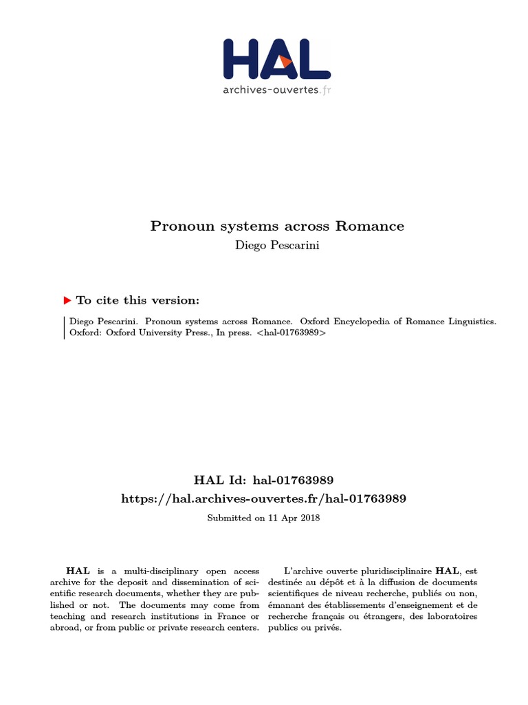 Pronoun Systems Across Romance | PDF | Grammatical Gender | Verb