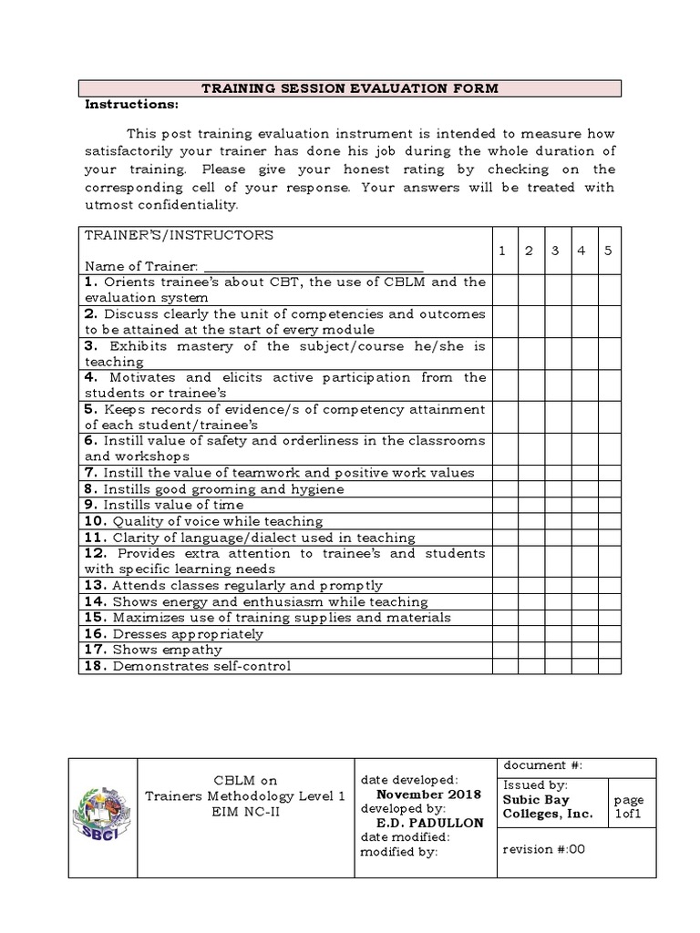 Training Session Evaluation Form | PDF