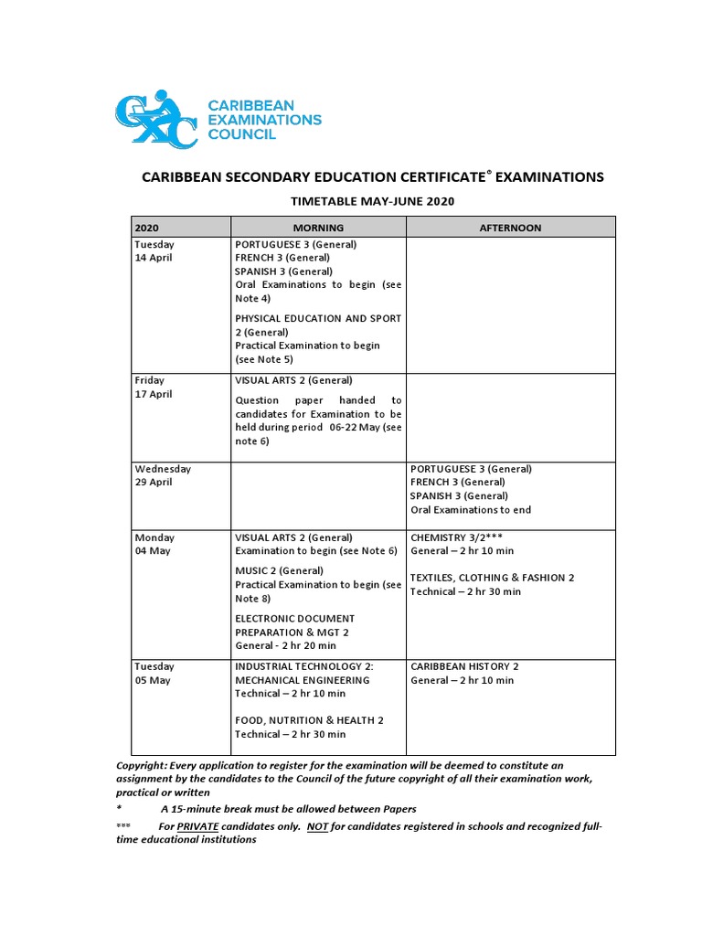 Timetable CSEC May June 2020 Final Feb 2019 | PDF | Test (Assessment ...