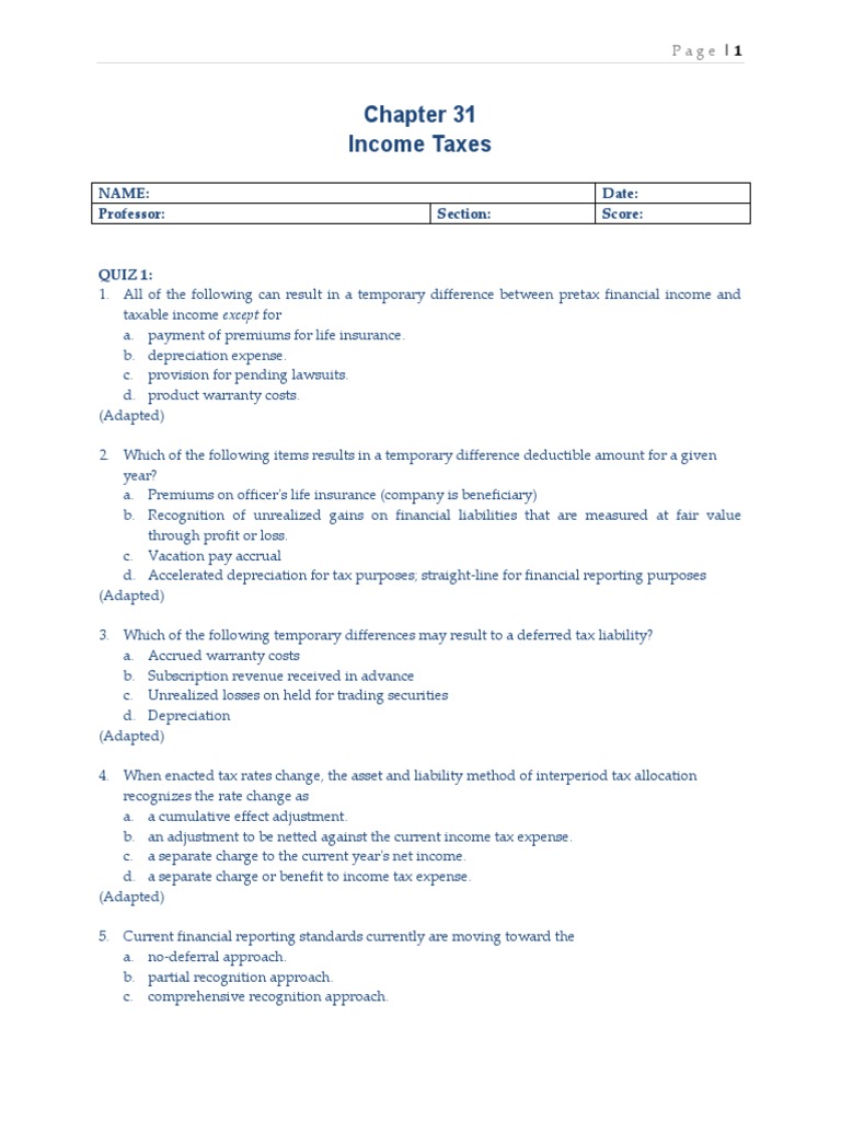Quiz Income-Taxes | PDF | Deferred Tax | Tax Expense
