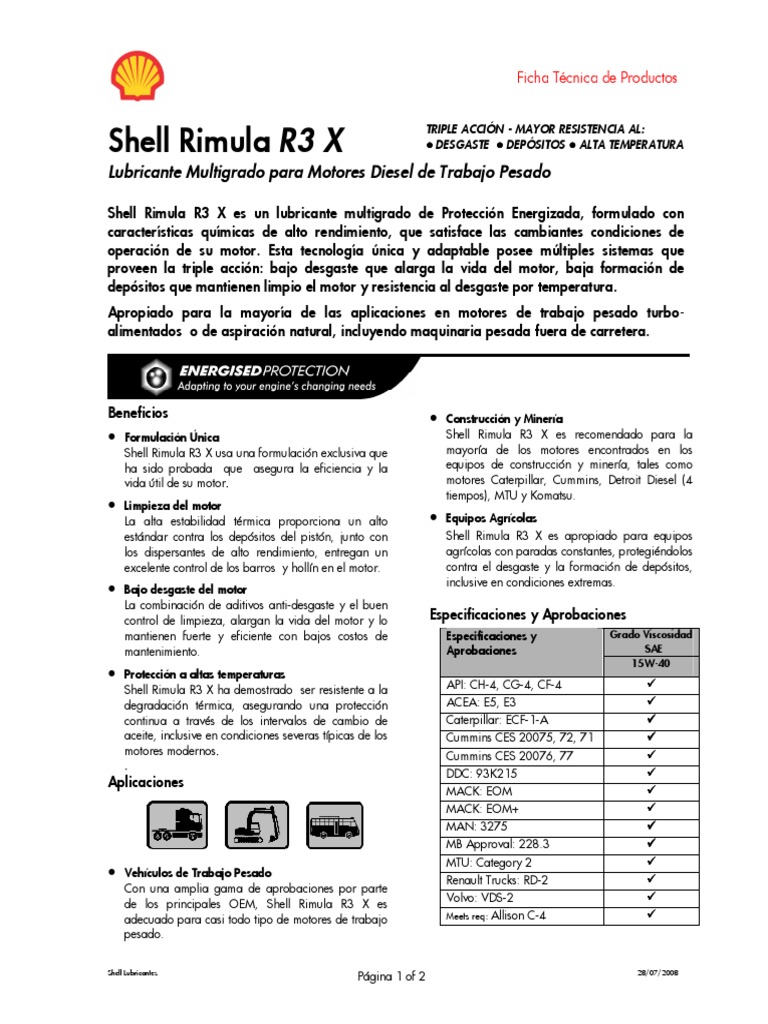 1.Ficha Tecnica Rimula r3 x 15w-40 | Lubricante | Motor diesel