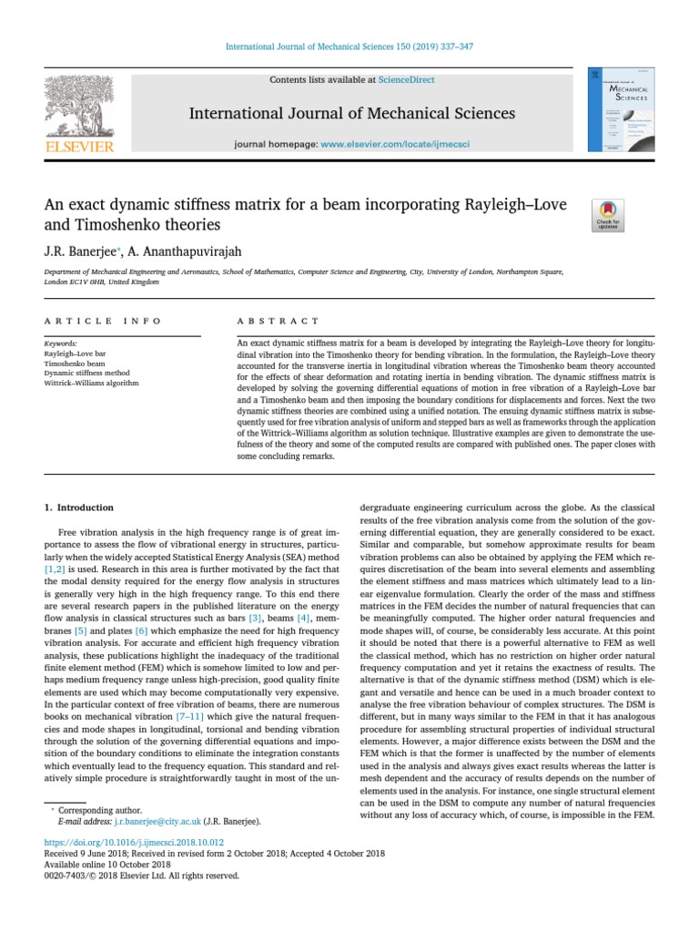 An Exact Dynamic Stiffness Matrix For A Beam Incorporating Rayleigh-Love and Timoshenko Theories ...