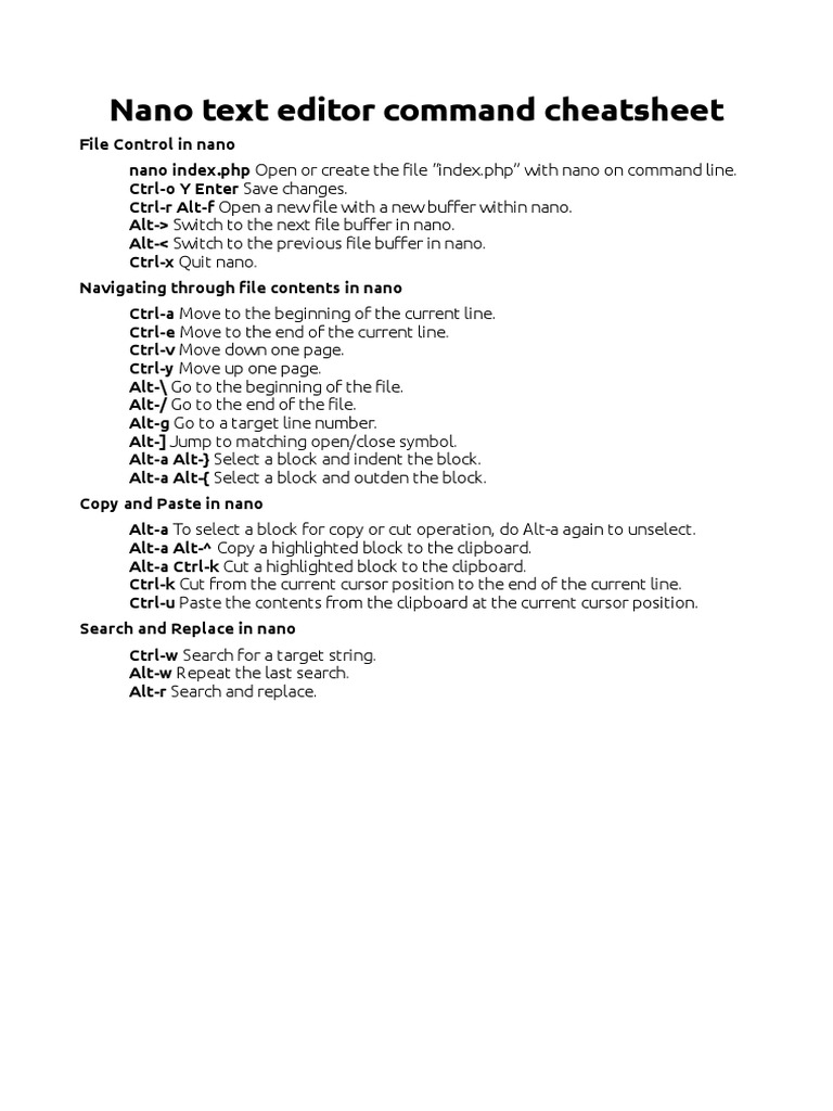 Nano Text Editor Command Cheatsheet | PDF
