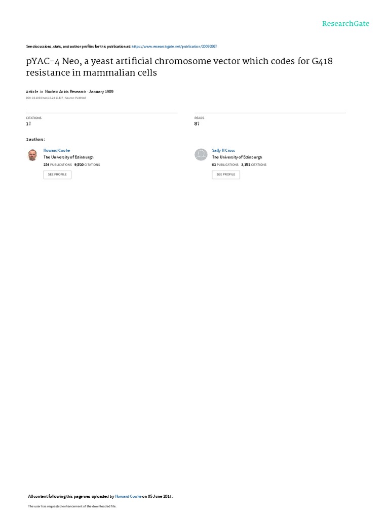 pYAC-4 Neo, A Yeast Artificial Chromosome Vector Which Codes For G418 ...