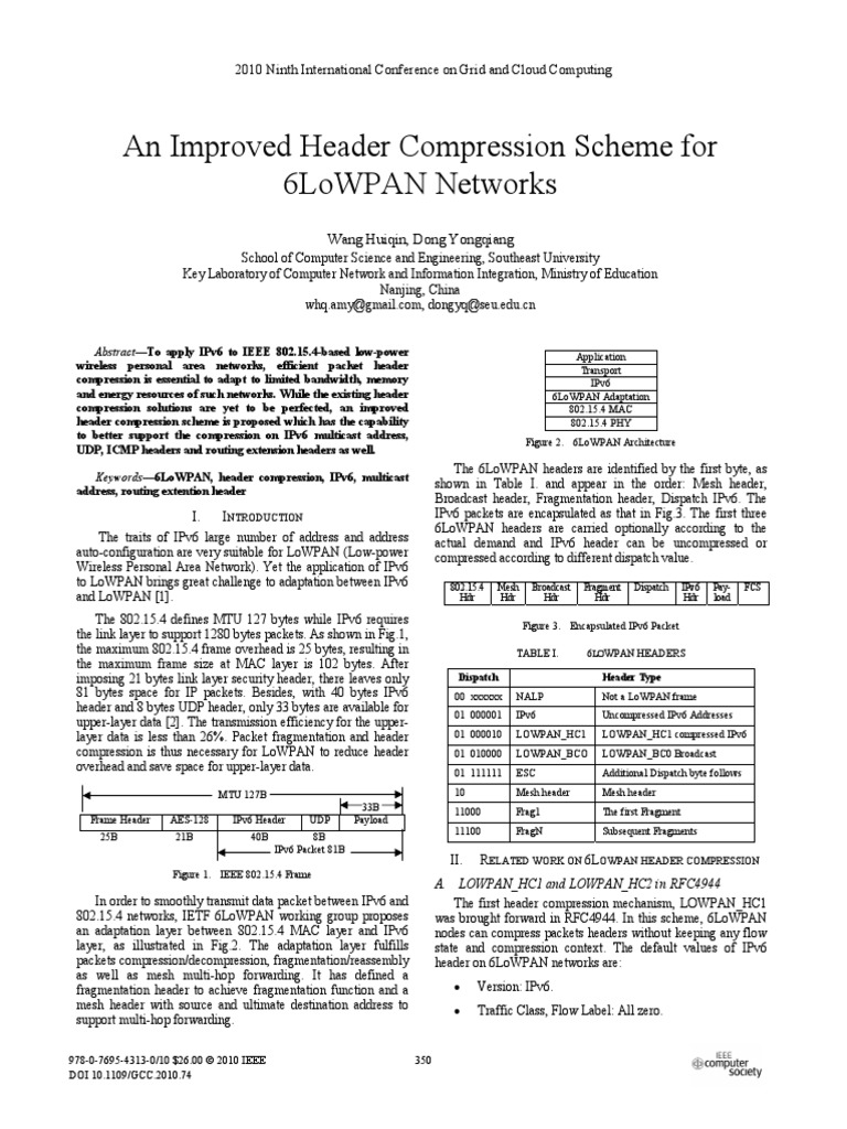 An Improved Header Compression Scheme For 6lowpan Networks | PDF | I Pv6 | Network Packet