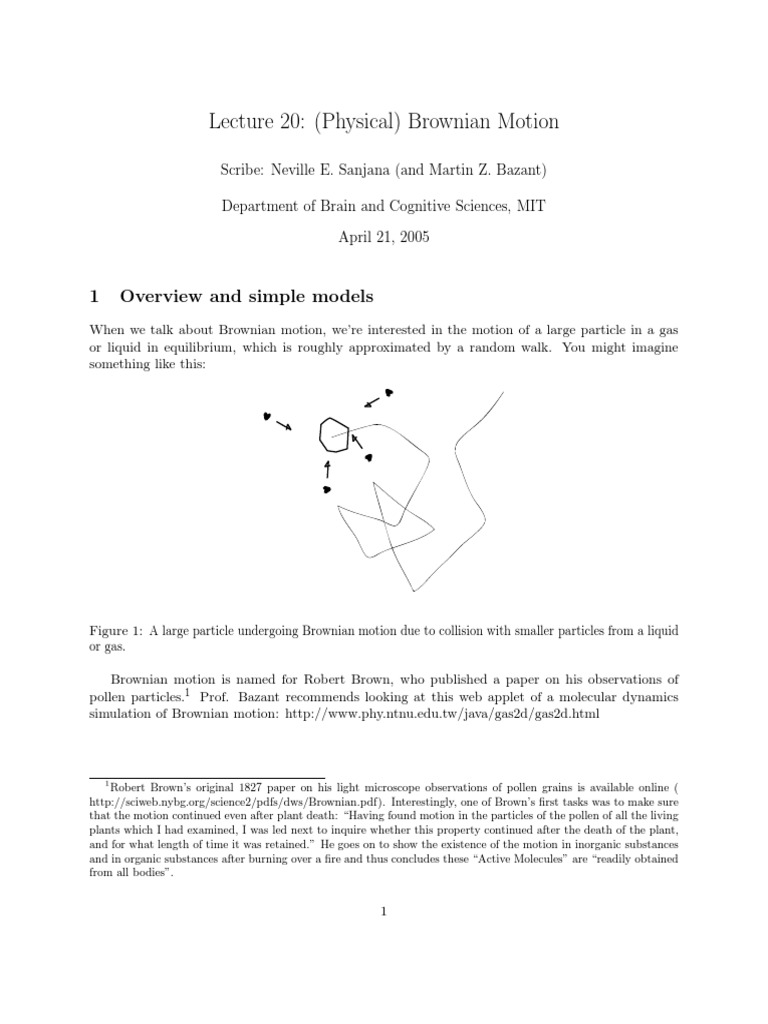 Lecture 20: (Physical) Brownian Motion: 1 Overview and Simple Models ...