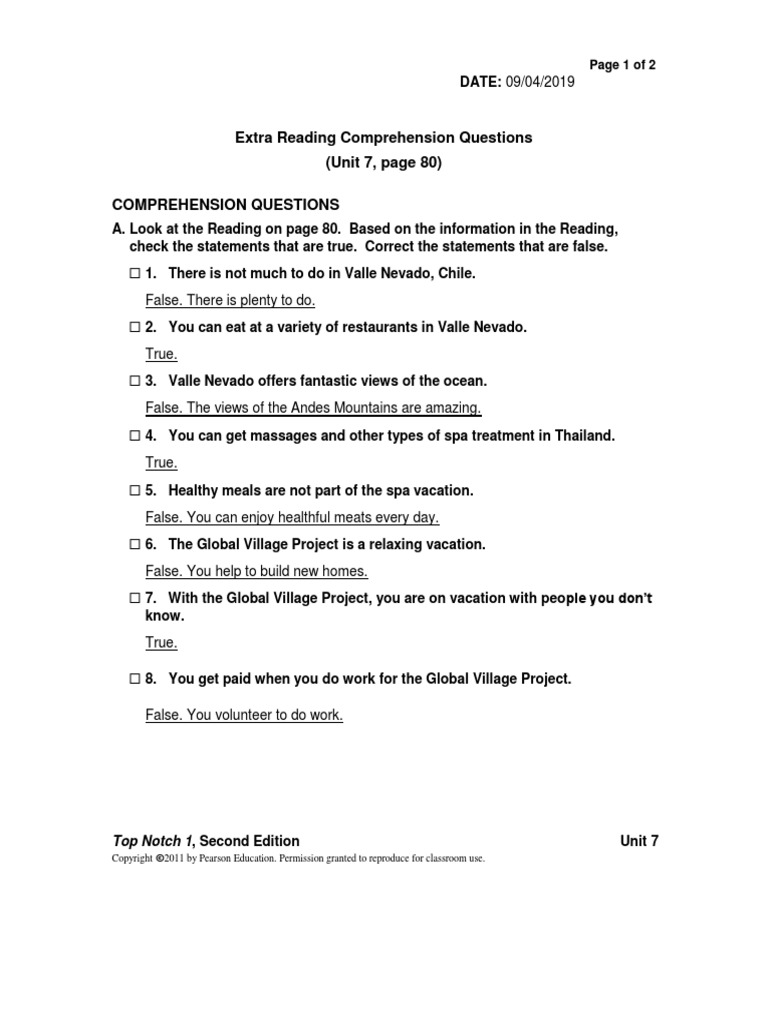 UNIT 07 World Traveler Reading Comprehension | PDF