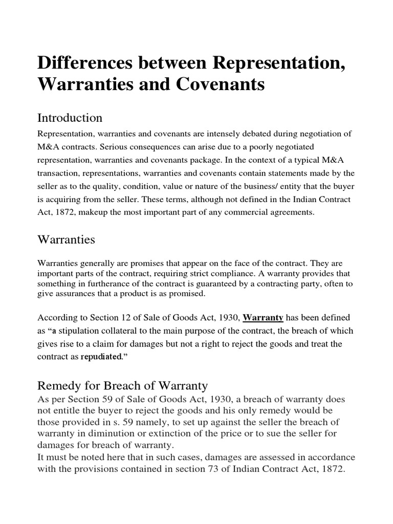 Differences Between Representation, Warranties and Covenants | PDF | Breach Of Contract | Virtue