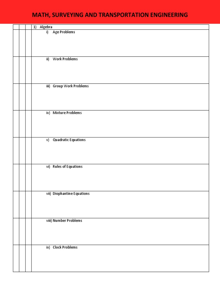 Math, Surveying and Transportation Engineering: 1) Algebra I) Age ...
