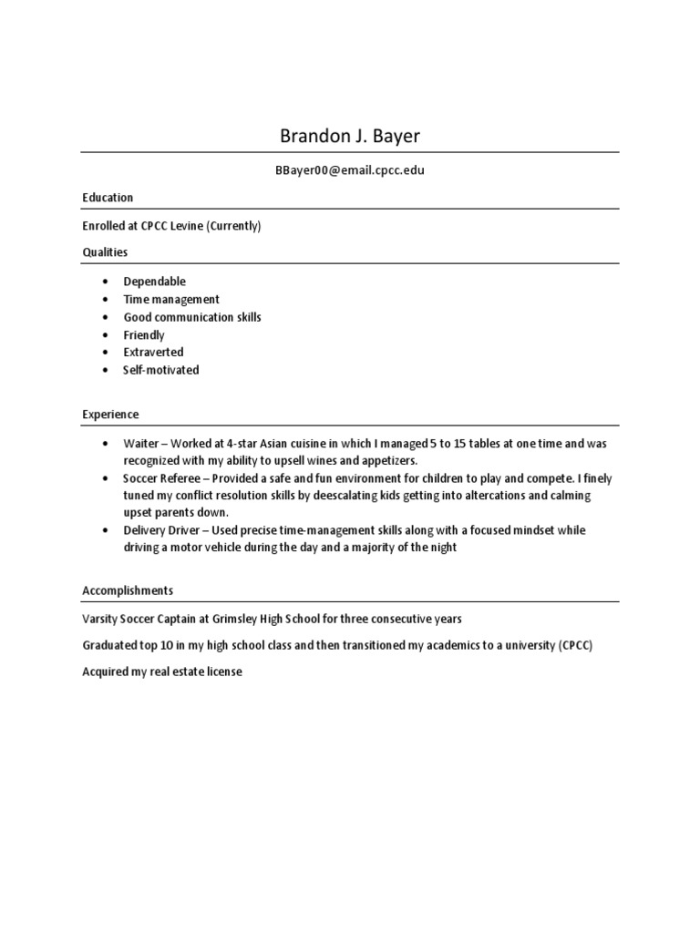 Brandon Bayer Resume For Class | PDF