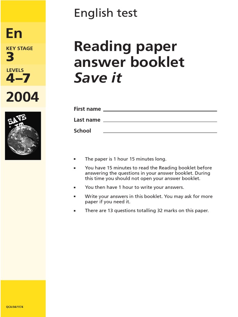 Save It: en Reading Paper Answer Booklet | PDF | English Language ...