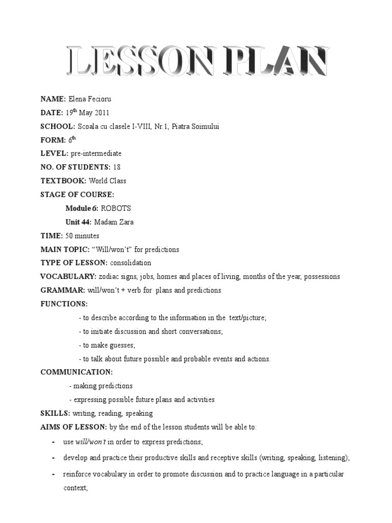 Madam Zara-Lesson Plan Predictions | PDF | Vocabulary | Epistemology