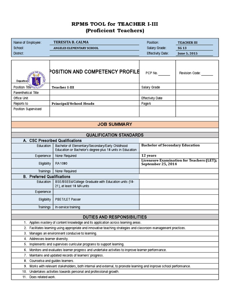 Position and Competency Profile: Rpms Tool For Teacher I-Iii (Proficient Teachers) | PDF ...