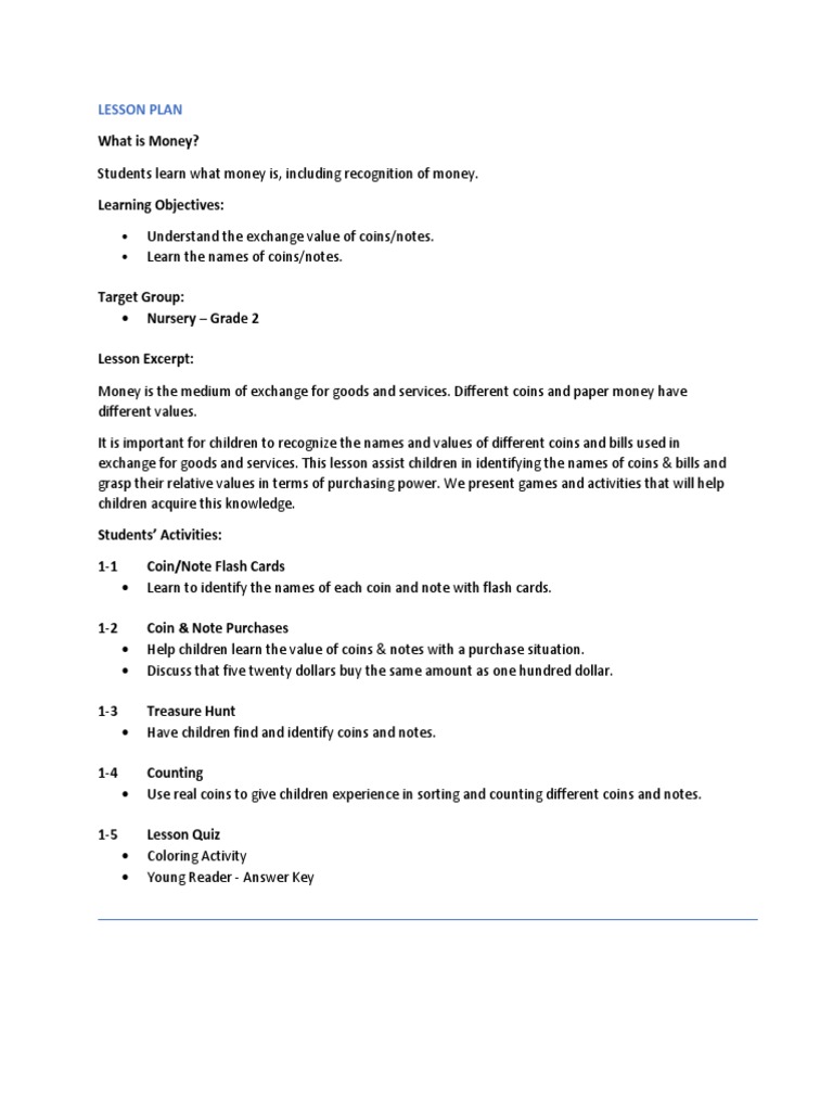 Money Lesson Plan for Nursery to Grade 2 | PDF | Banknote | Coins