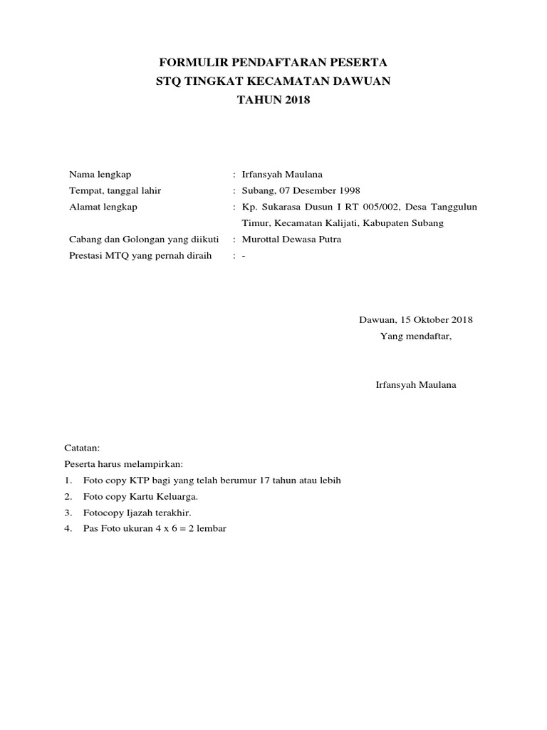 Formulir Pendaftaran Peserta Lomba MTQ | PDF