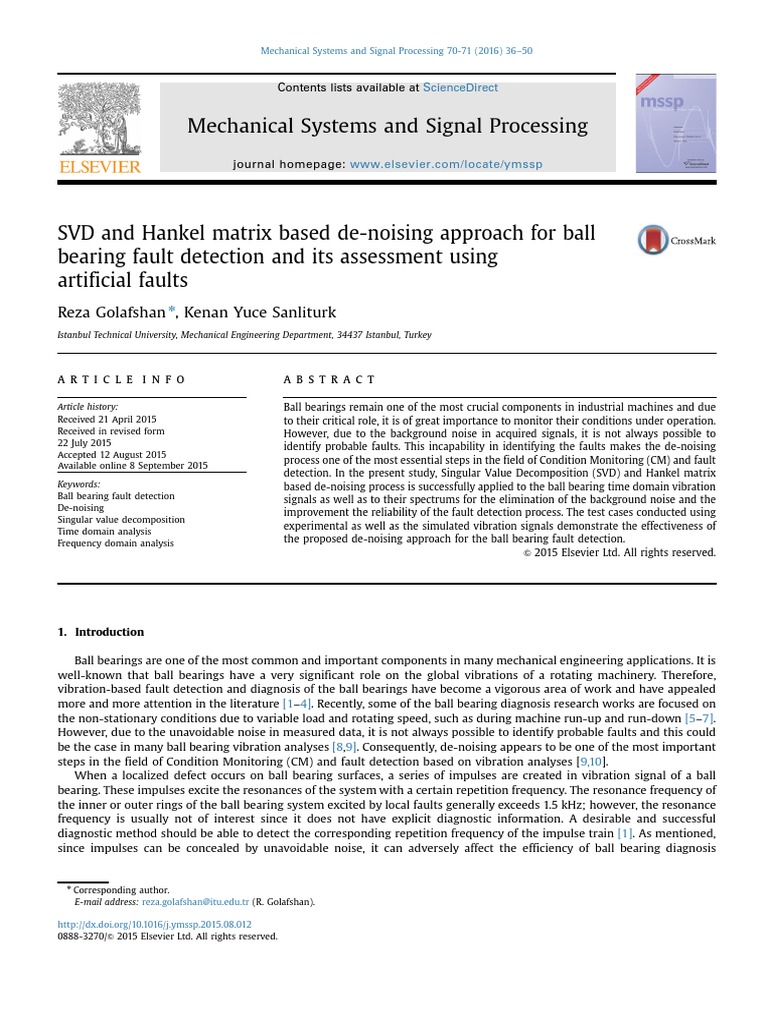 SVD Hankel De-noising for Bearing Fault Detection | PDF | Spectral Density | Bearing (Mechanical)
