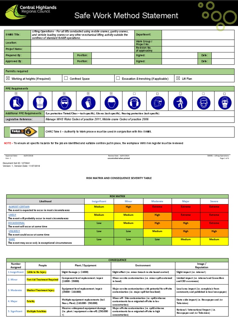 CHRC SWMS Lifting Operations | PDF | Crane (Machine) | Personal ...