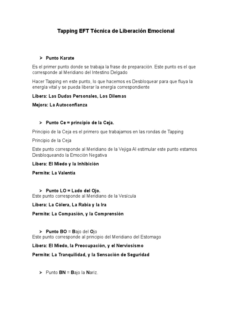 Tapping EFT Técnica de Liberación Emocional Puntos Energeticos | PDF
